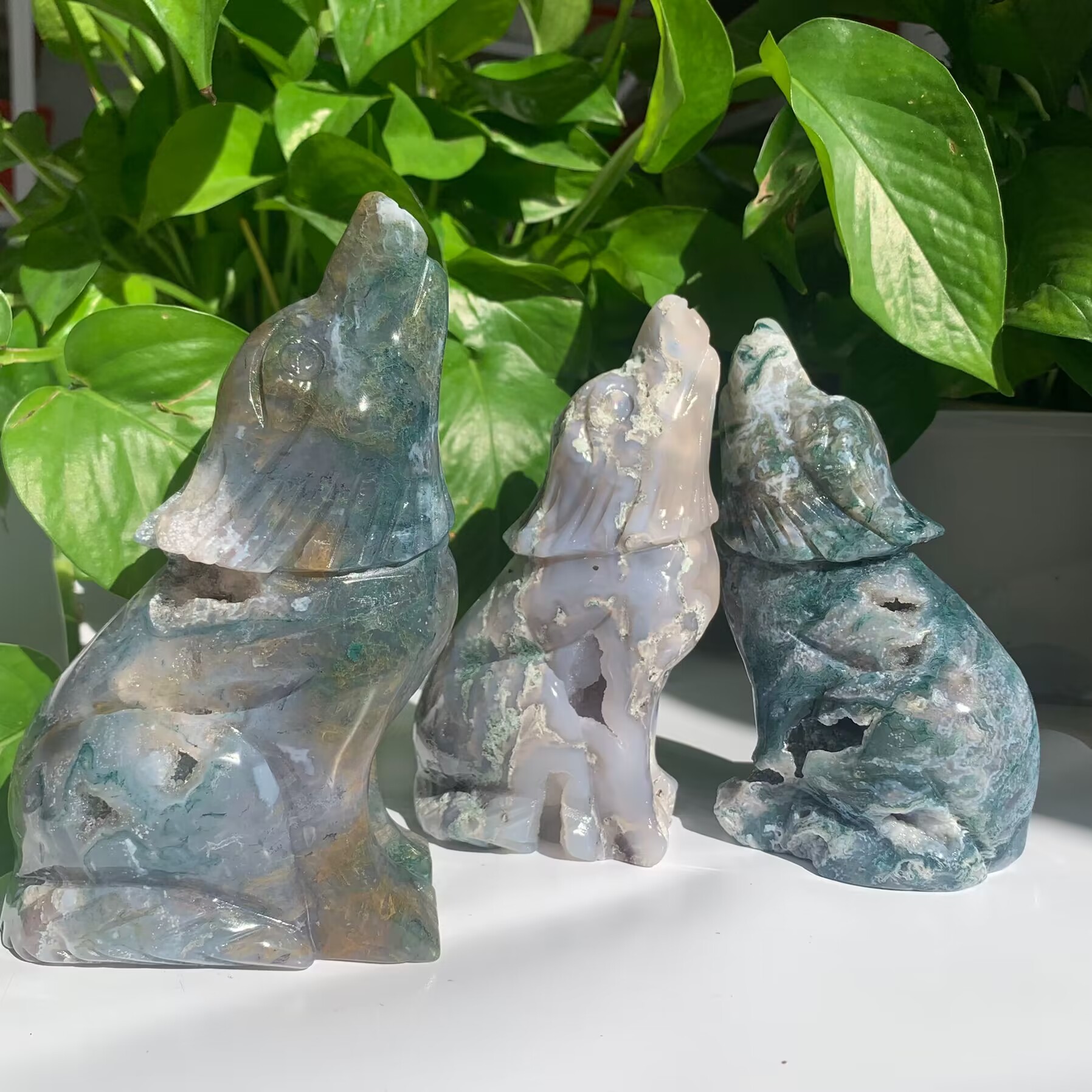 Big Moss Agate Wolf Carving Crystal Wolf Animal Free Ship 1