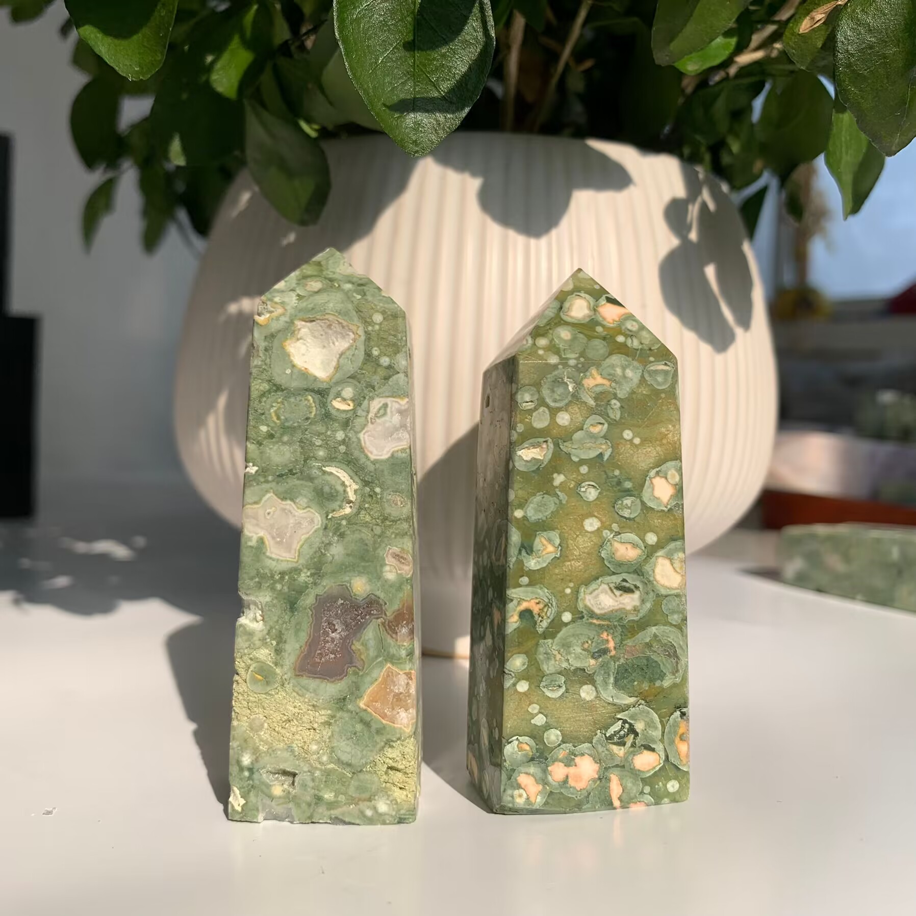 Green Rainforest Jasper Tower 4 Sides Point Free Shipping